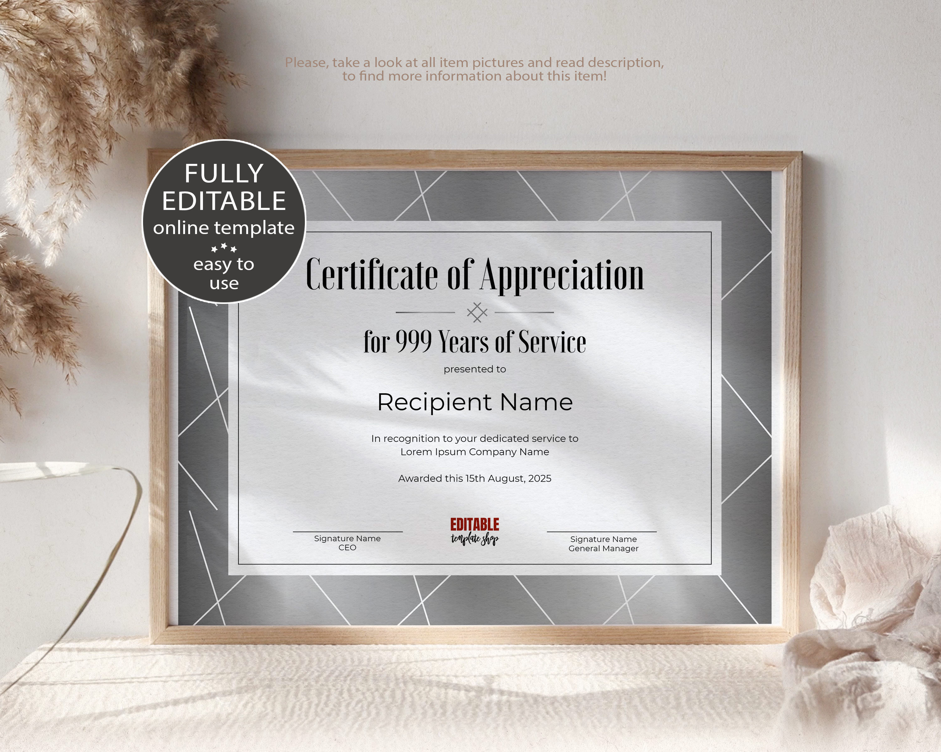 5 Years of Service EDITABLE Certificate of Appreciation | Etsy