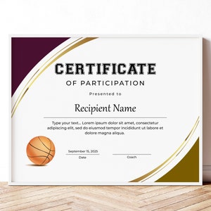 Editable Basketball Certificate Template Sports Basketball Award ...