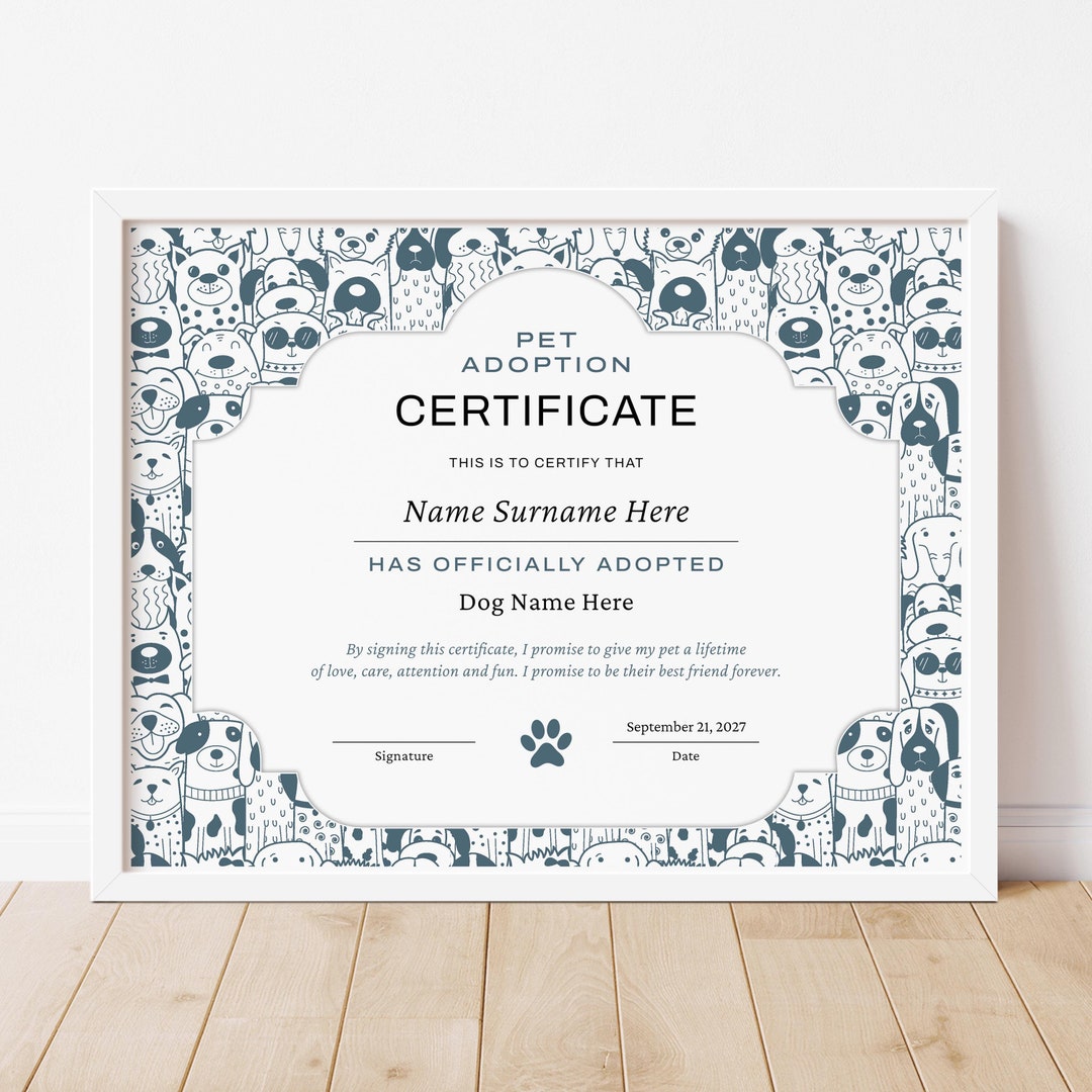 Editable Pet Adoption Certificate Template Dog Owner's Certificate Gift ...