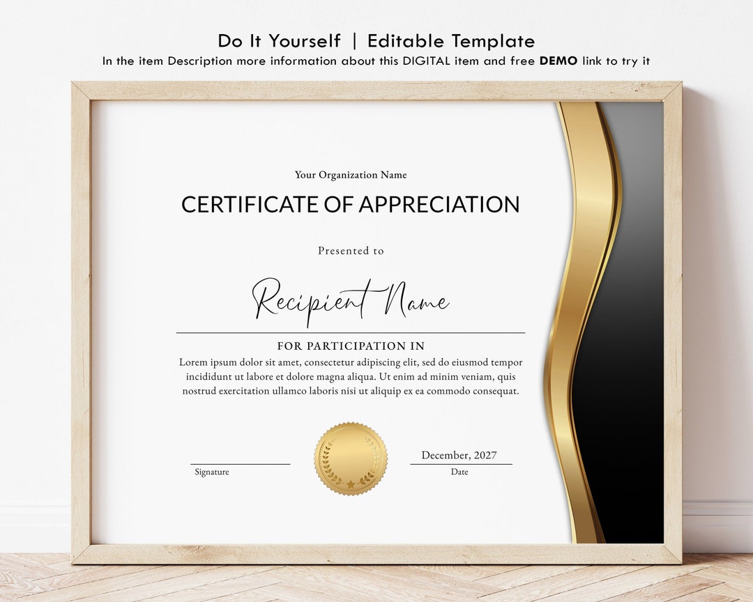 Certificado de agradecimento editável, modelo de certificado de ...