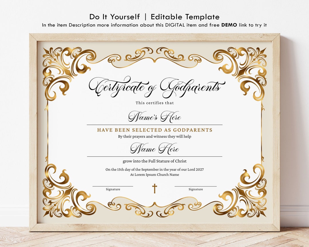 Editable Godparents Certificate Template, Godmother Godfather Printable ...
