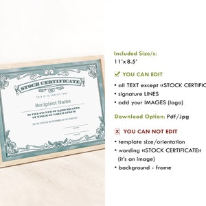 EDITABLE Stock Certificate Template, Printable Certificate of Stock ...