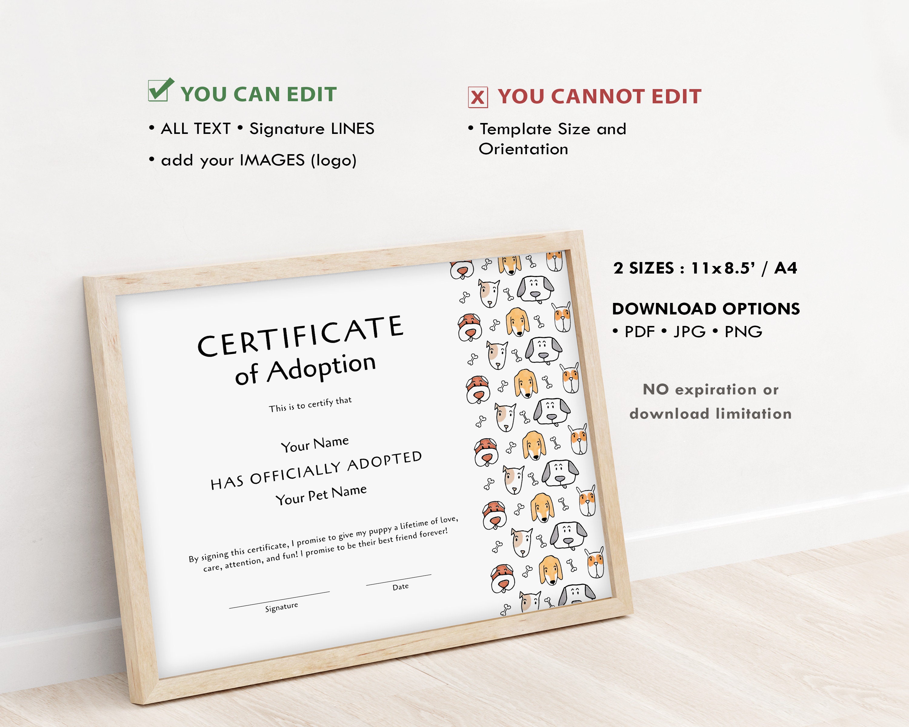 EDITABLE Puppy Adoption Certificate Template Dog Owner's - Etsy