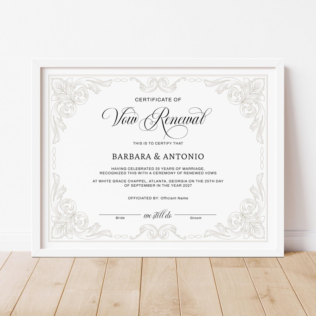 Elegant Certificate of Vow Renewal, Editable Printable Certificate ...