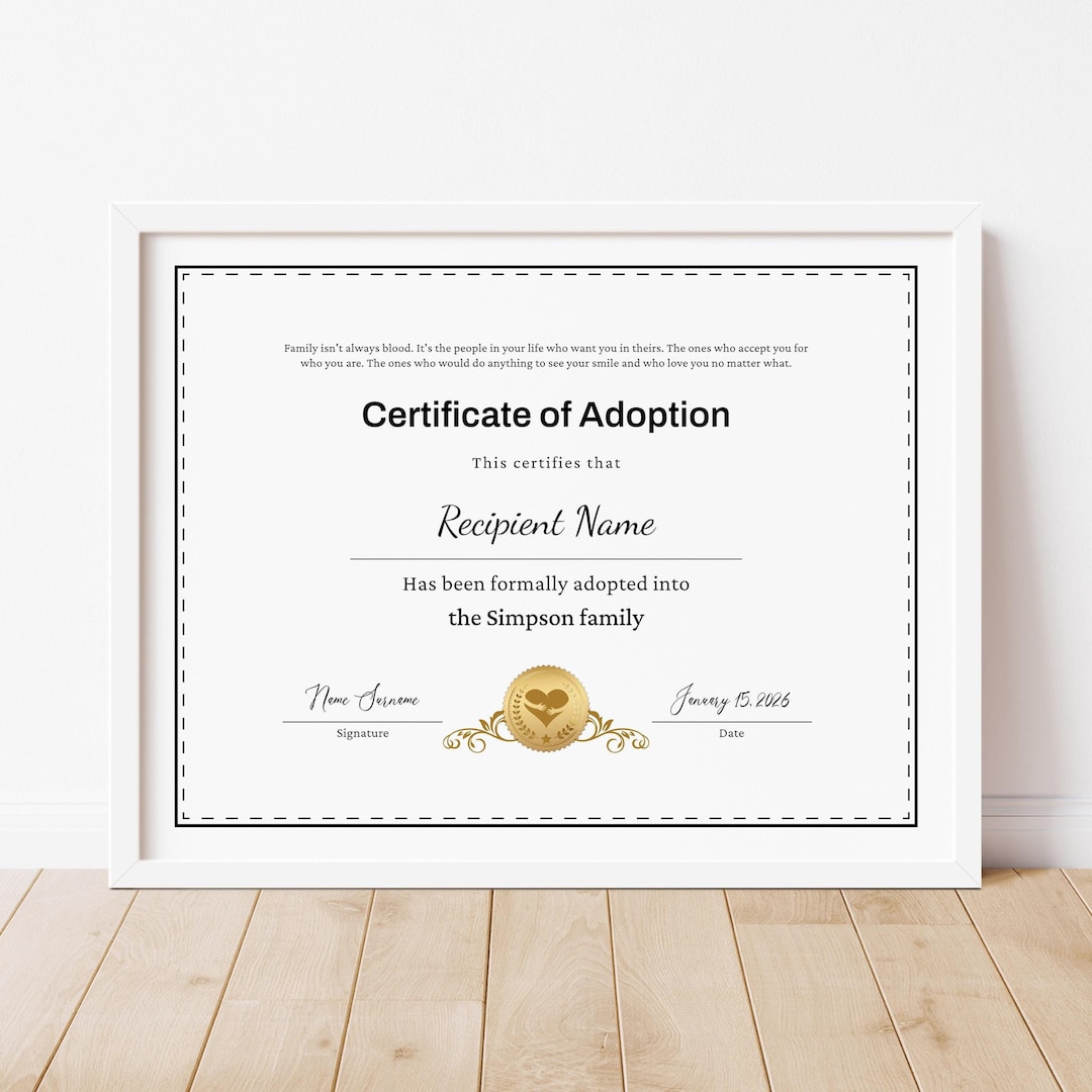 Certificate of Adoption Template, Editable Printable Adoption ...