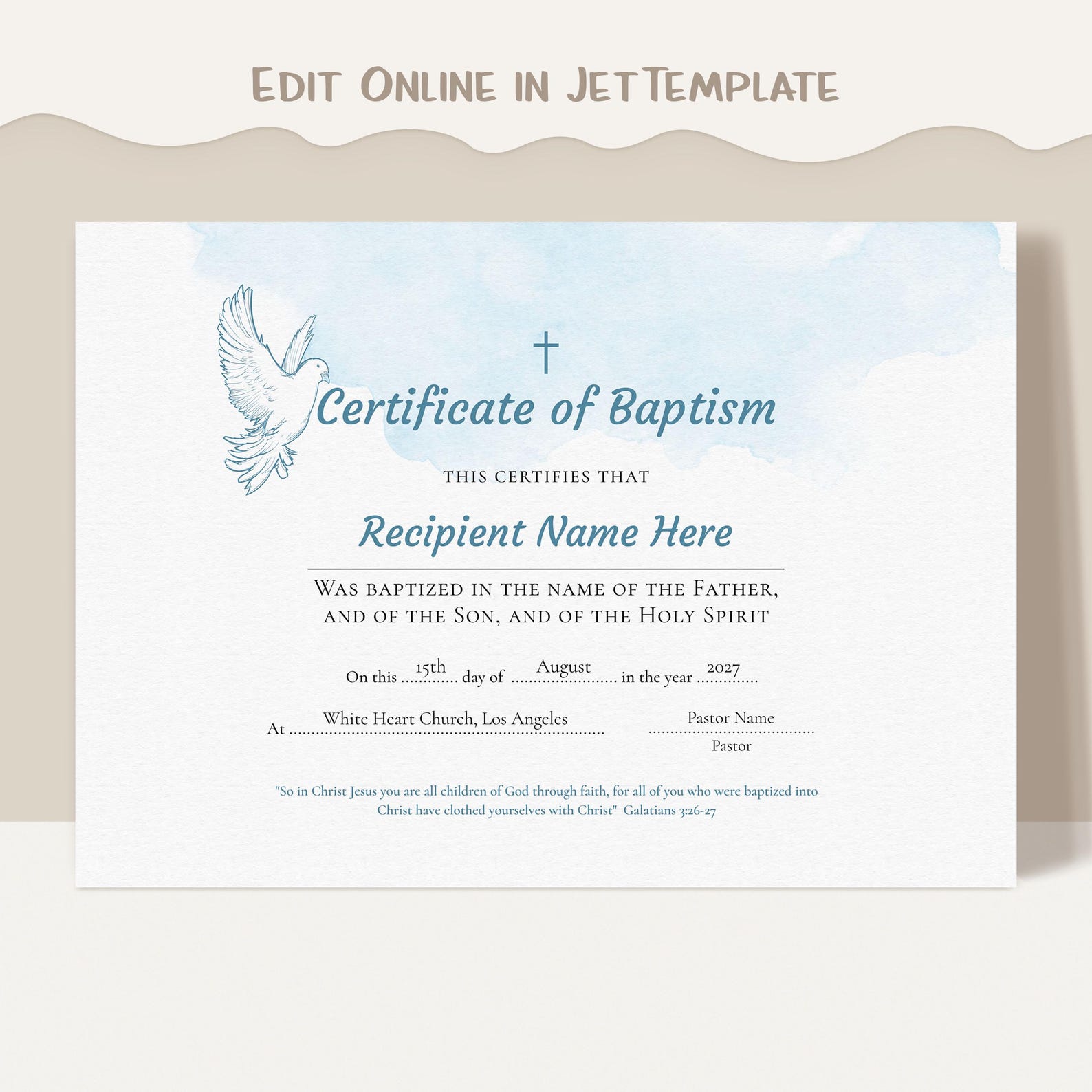Editable Baptism Certificate Template, Printable Certificate of Baptism ...