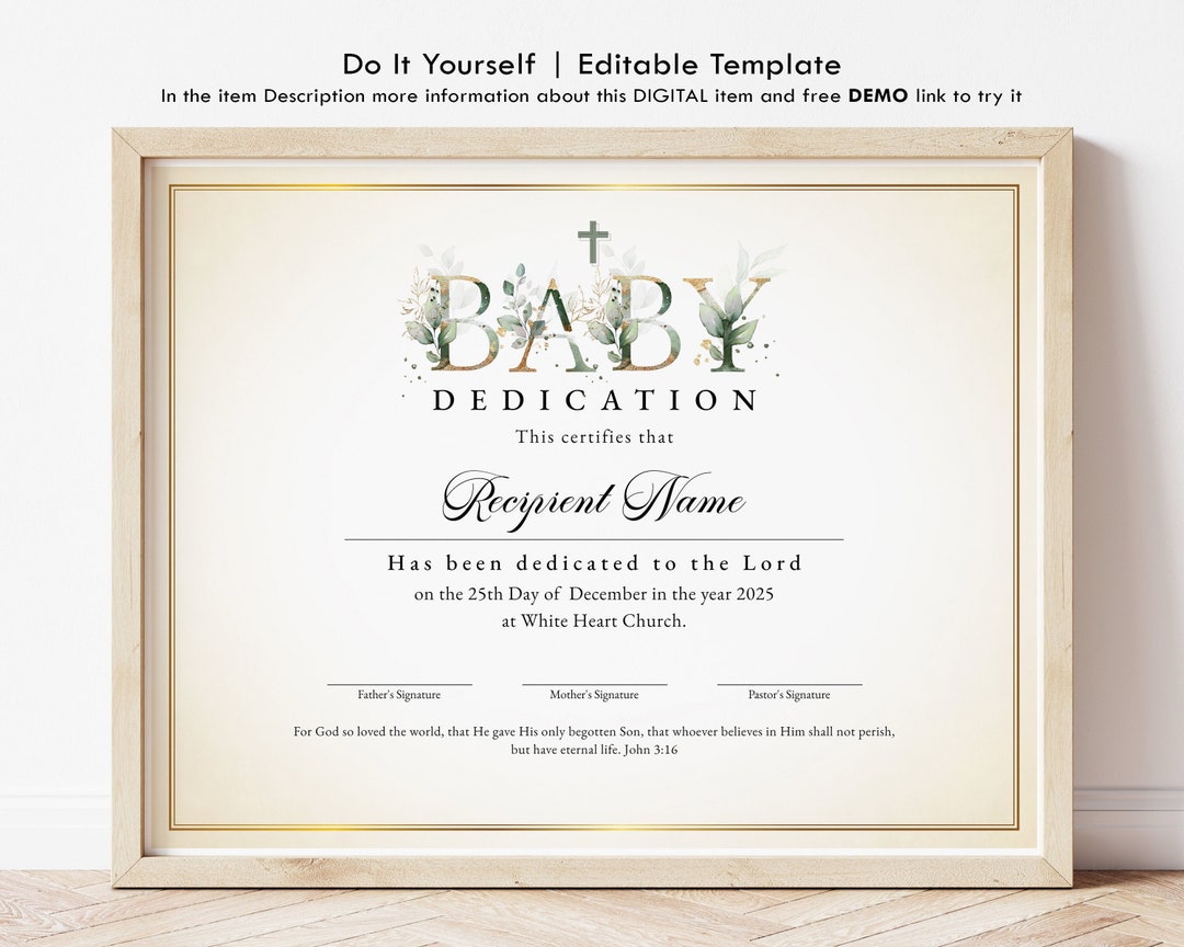 Baby Dedication Certificate Template Baby Dedication Editable ...