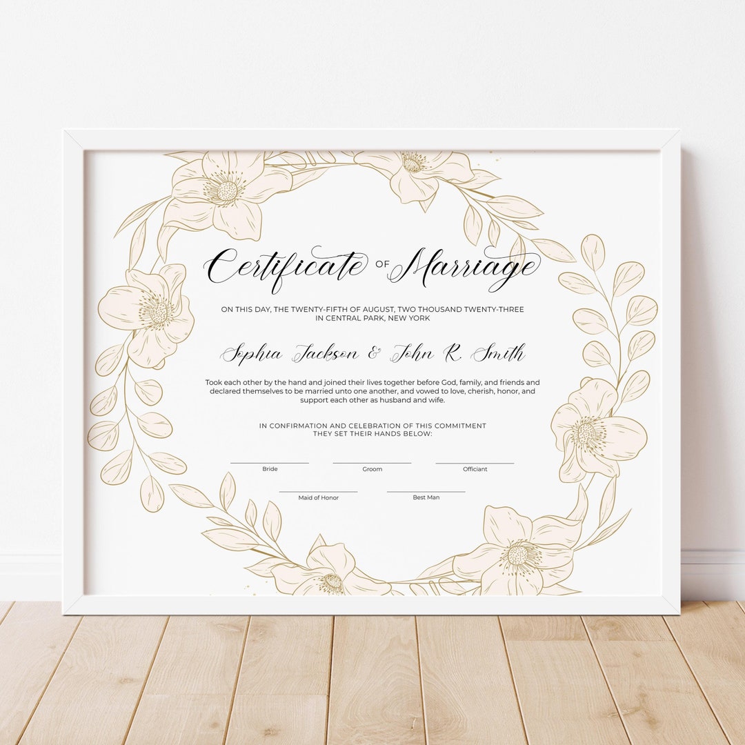 Modern Wedding Certificate of Marriage, Wedding Keepsake Certificate ...