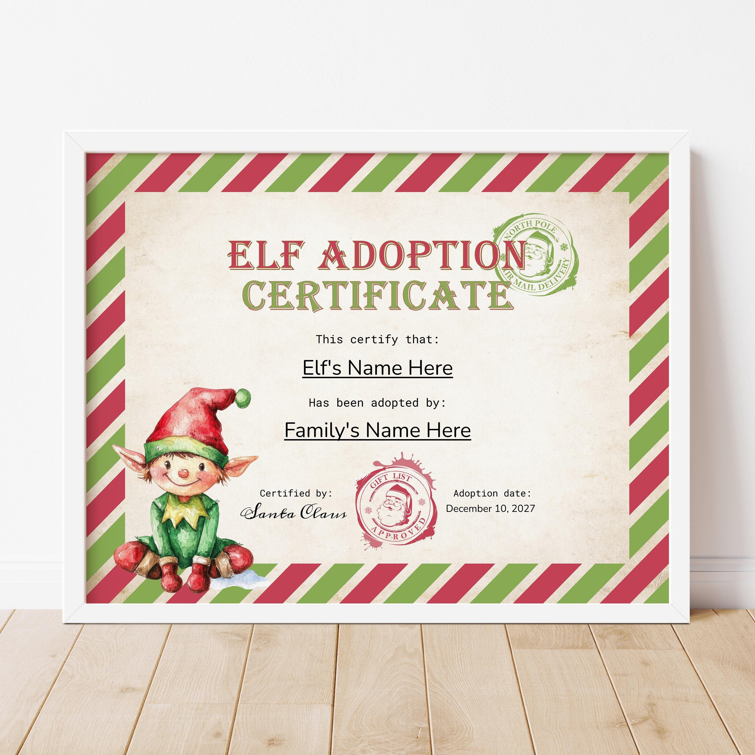 Elf Adoption Christmas Award Certificate Template, Editable Christmas ...