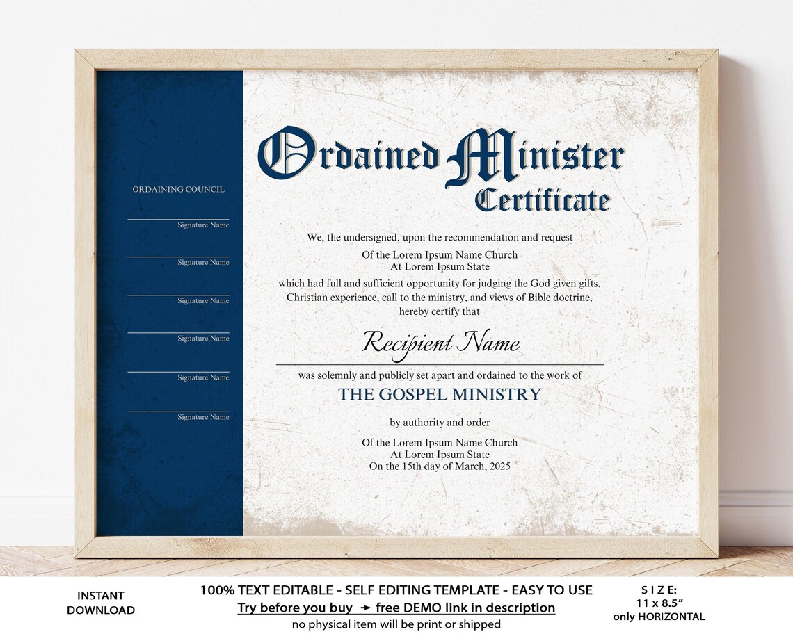 Editable Ordained Minister Certificate Template Printable - Etsy