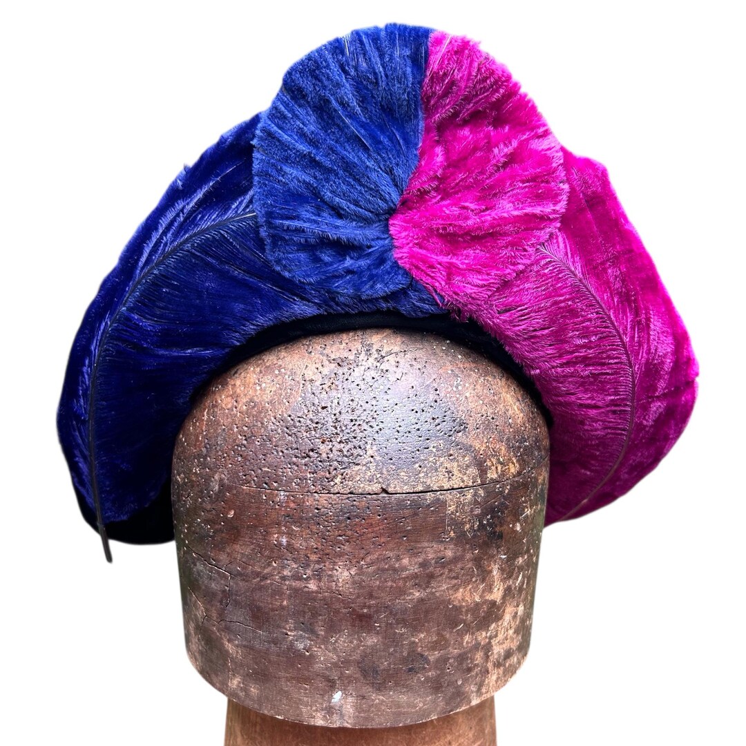 Genuine 1920s 1930s Ostrich Feather & Velvet Hat Vibrant Blue and Pink ...