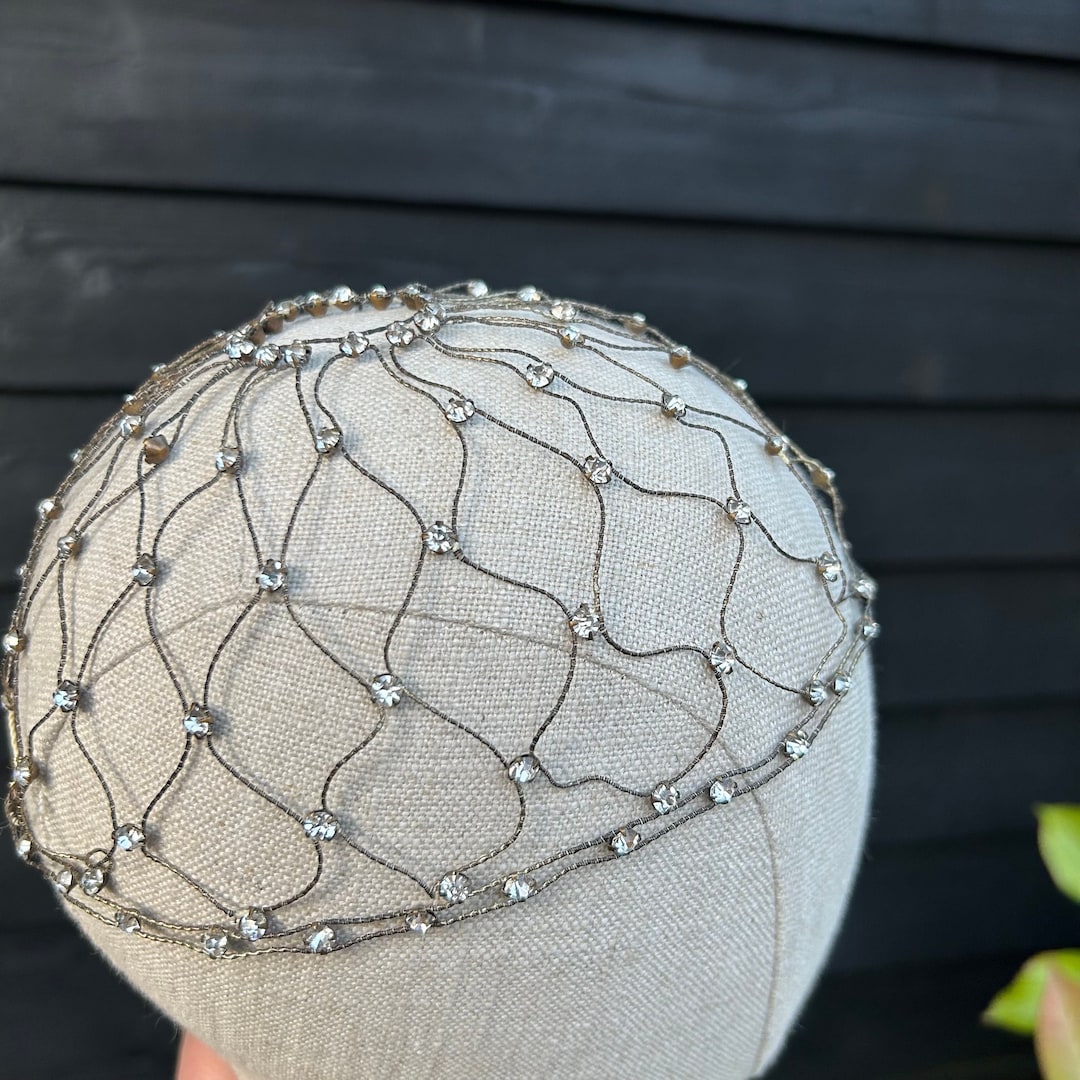 Art Deco 1920s Flapper Silver Lattice & Diamante Skull Cap Hat Brides ...