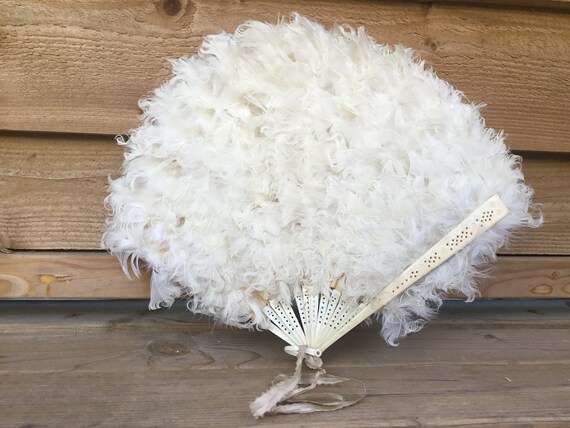 Vintage Antique White Curly Goose Feather Hand Fan With - Etsy