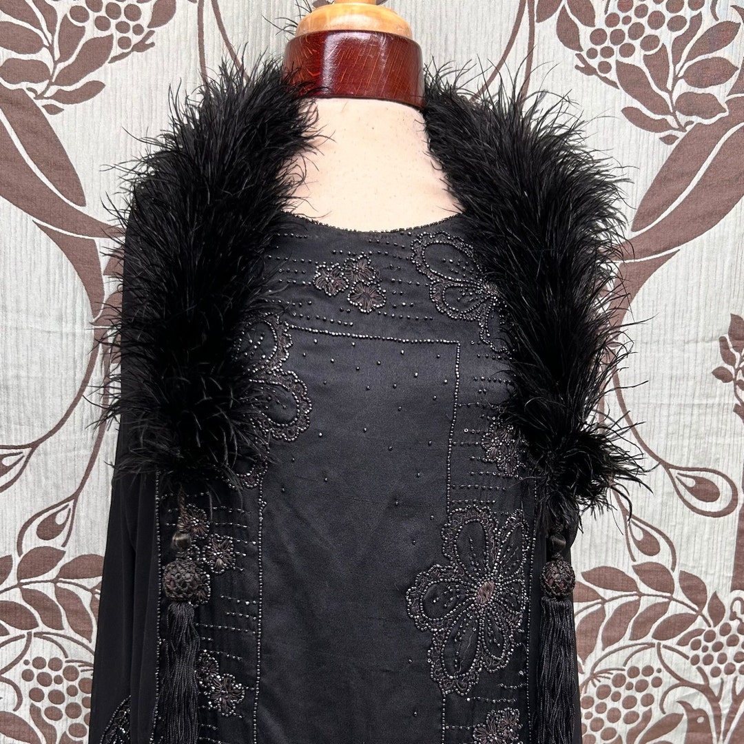 Antique Victorian Edwardian 1920s Black Feather Boa Stole With Tassels ...