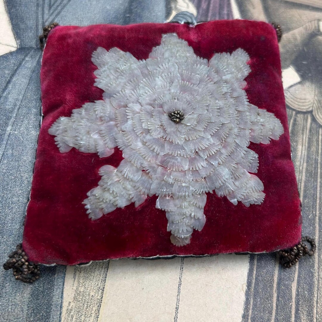 Antique Victorian Red Velvet Pin Cushion: Quill & Micro Bead Decor - Etsy