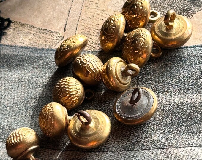 12 Antique Vintage Gilded Cut Brass Buttons Metal Shanks Ball Waistcoat ...