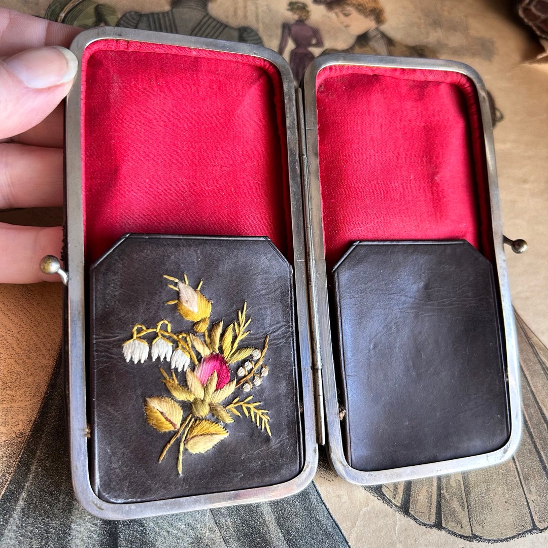 Antique Calling Card Case Floral Embroidered Leather Case Cigar Case ...