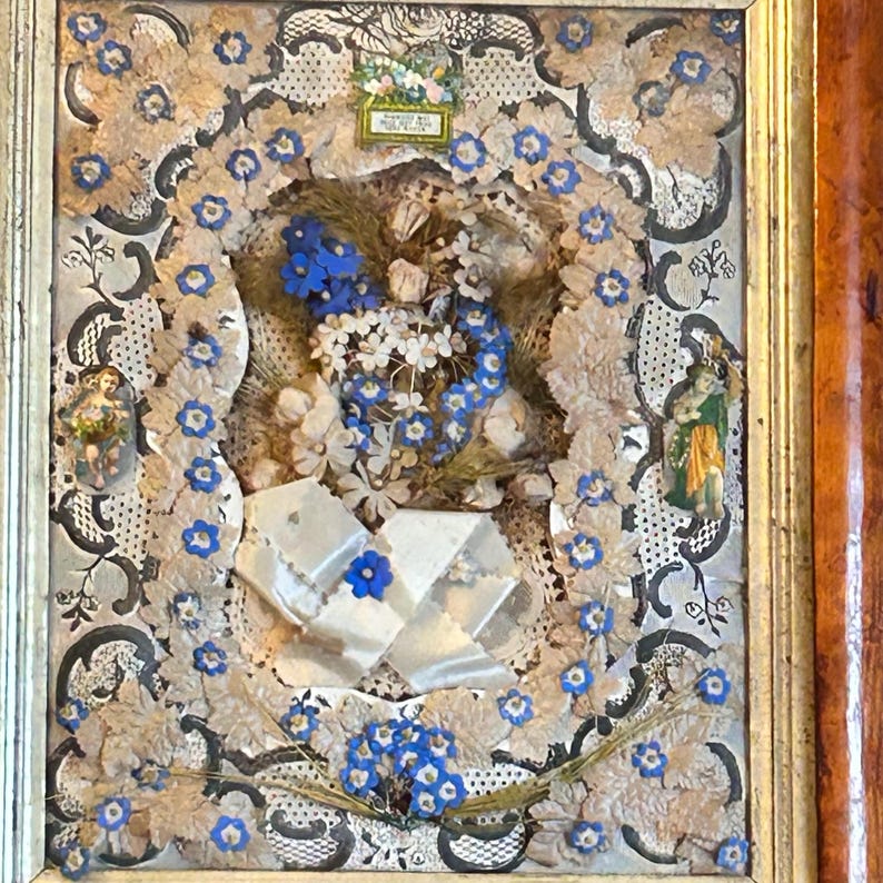 Framed Victorian Valentine Card, Paper Lace Cherubs, Forget-me-nots ...