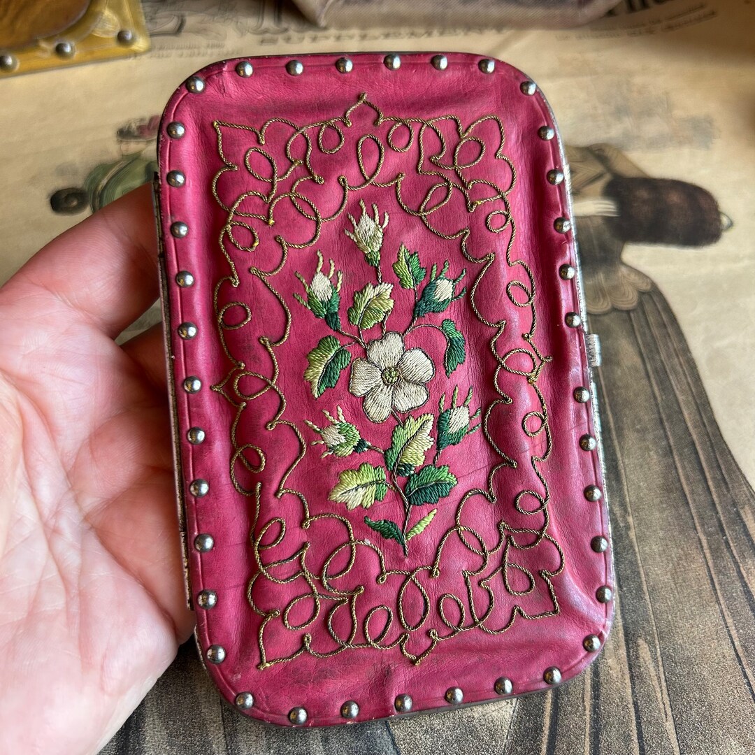 Antique Victorian Embroidered Red Kid Leather Calling Card Case on ...