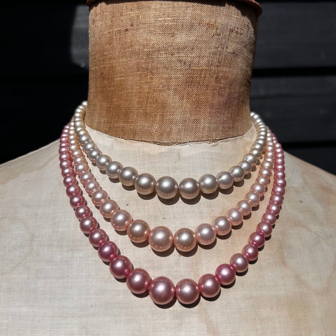 Vintage Tri Colour 3 Strand Faux Pearl Necklace Pink Silver & Cream - Etsy