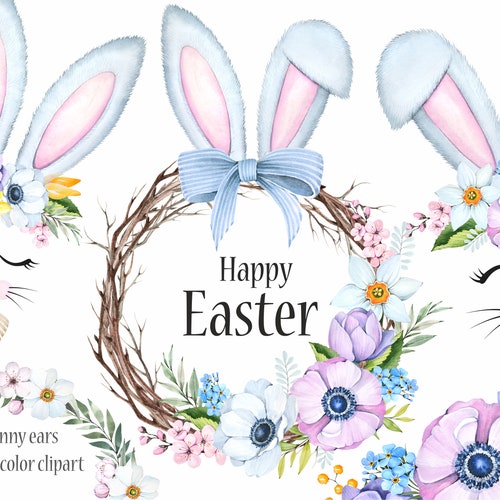 Bunny Ears Watercolor Clipart Floral Easter Clip Art Spring | Etsy