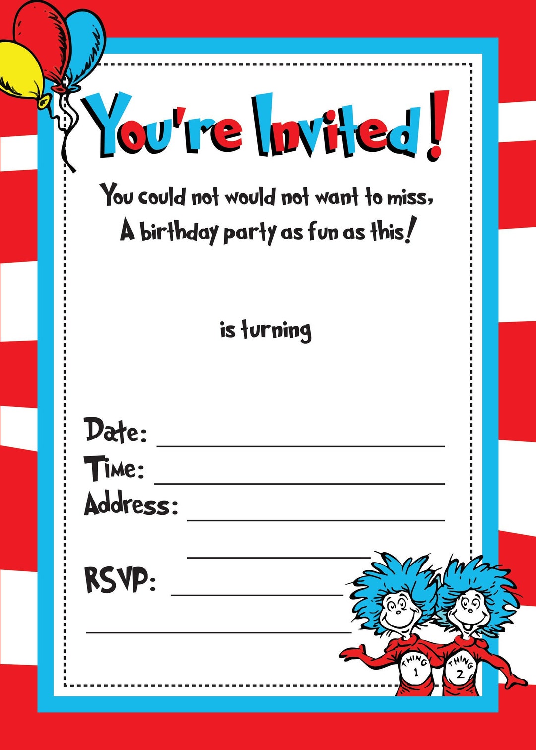 Dr. Seuss Printable Birthday Invitations - Etsy