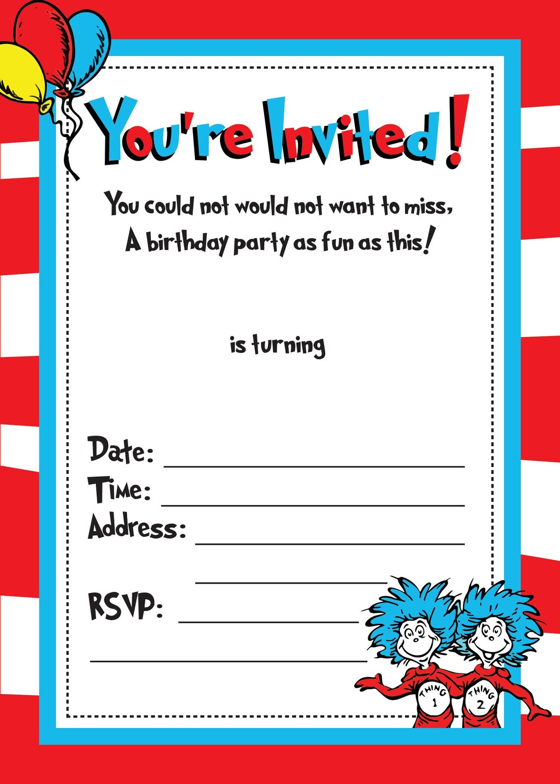 Dr. Seuss Printable Birthday Invitations - Etsy