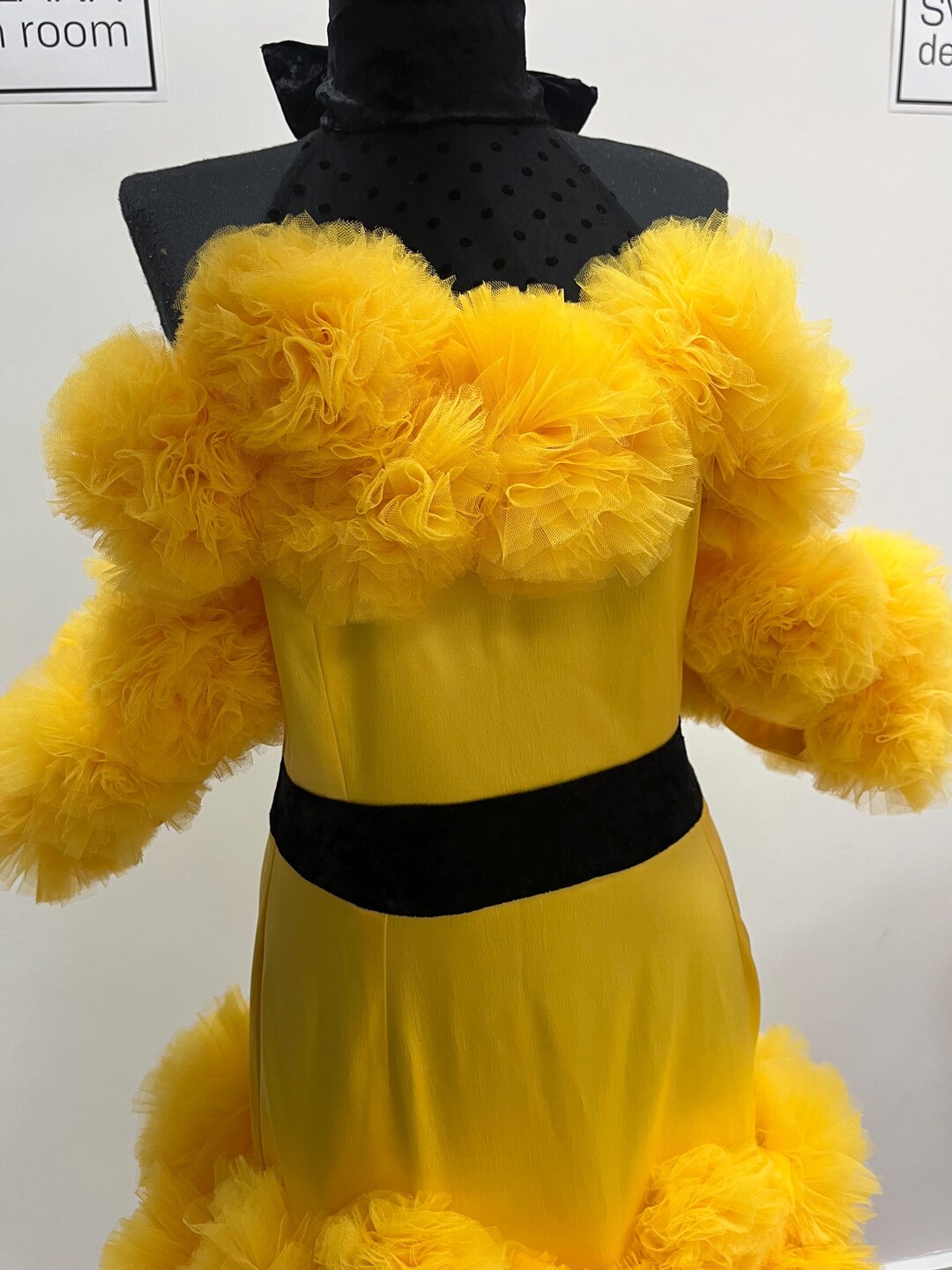 Rita - Yellow Pom Pom Italian Tulle Short Satin Dress | Open Shoulders ...