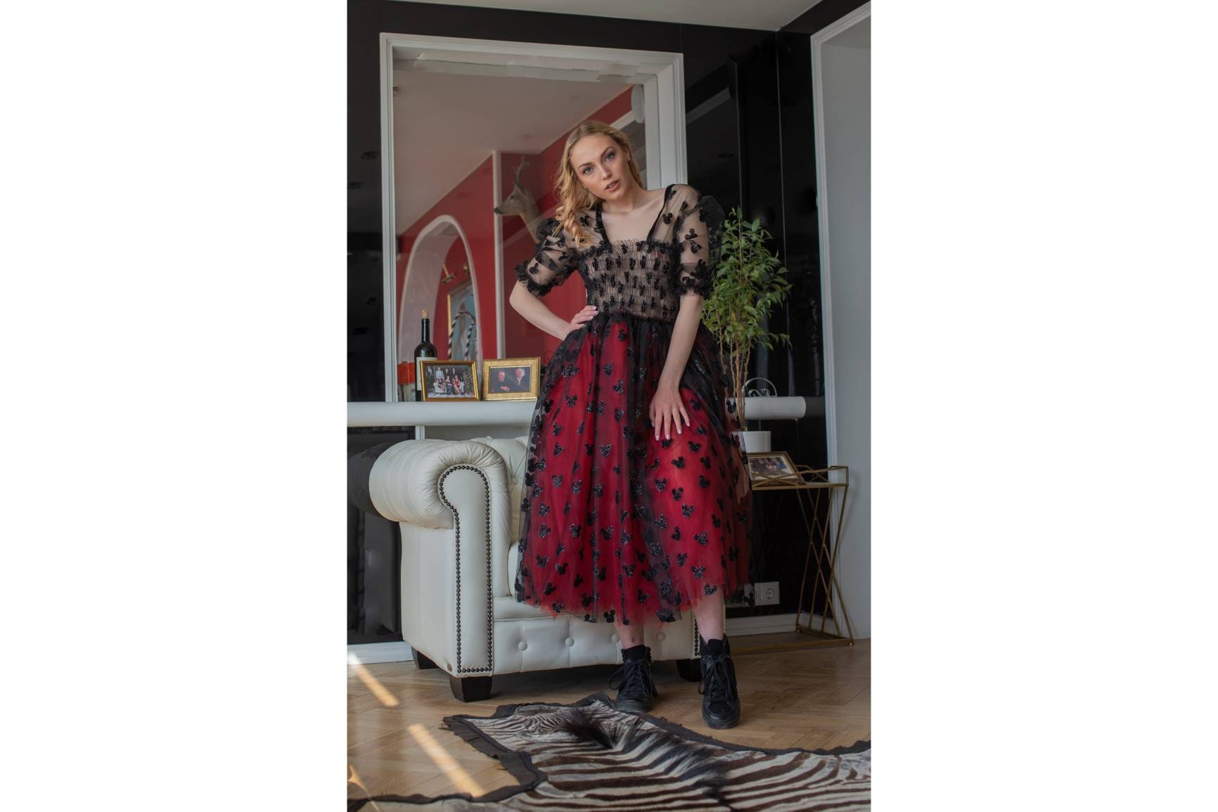 Black Tulle Dress/ Photo Session Dress/ Red Tulle Dress/ Gothic Style ...