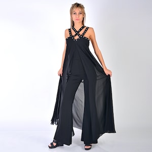 Black Gabardine Overalls/ Hand Embroidered Rhinestones Overalls/ Black ...