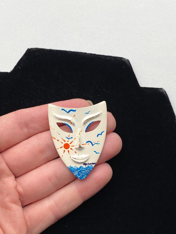 Vintage 1980s Unusual Enamel Mask Statement Brooch - Gem