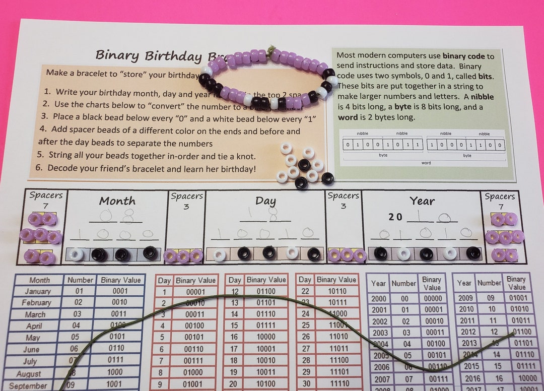 Binary Birthday Bracelet Worksheet Digital Download Only - Learn to ...