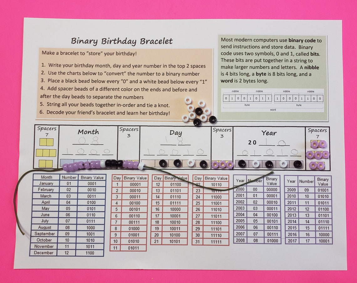 Binary Birthday Bracelet Worksheet Digital Download Only - Learn to ...