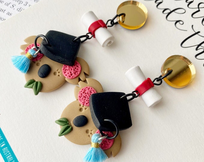 Graduation Koalas Polymer Clay Earring W Scroll and Mirror Topper - Sky ...