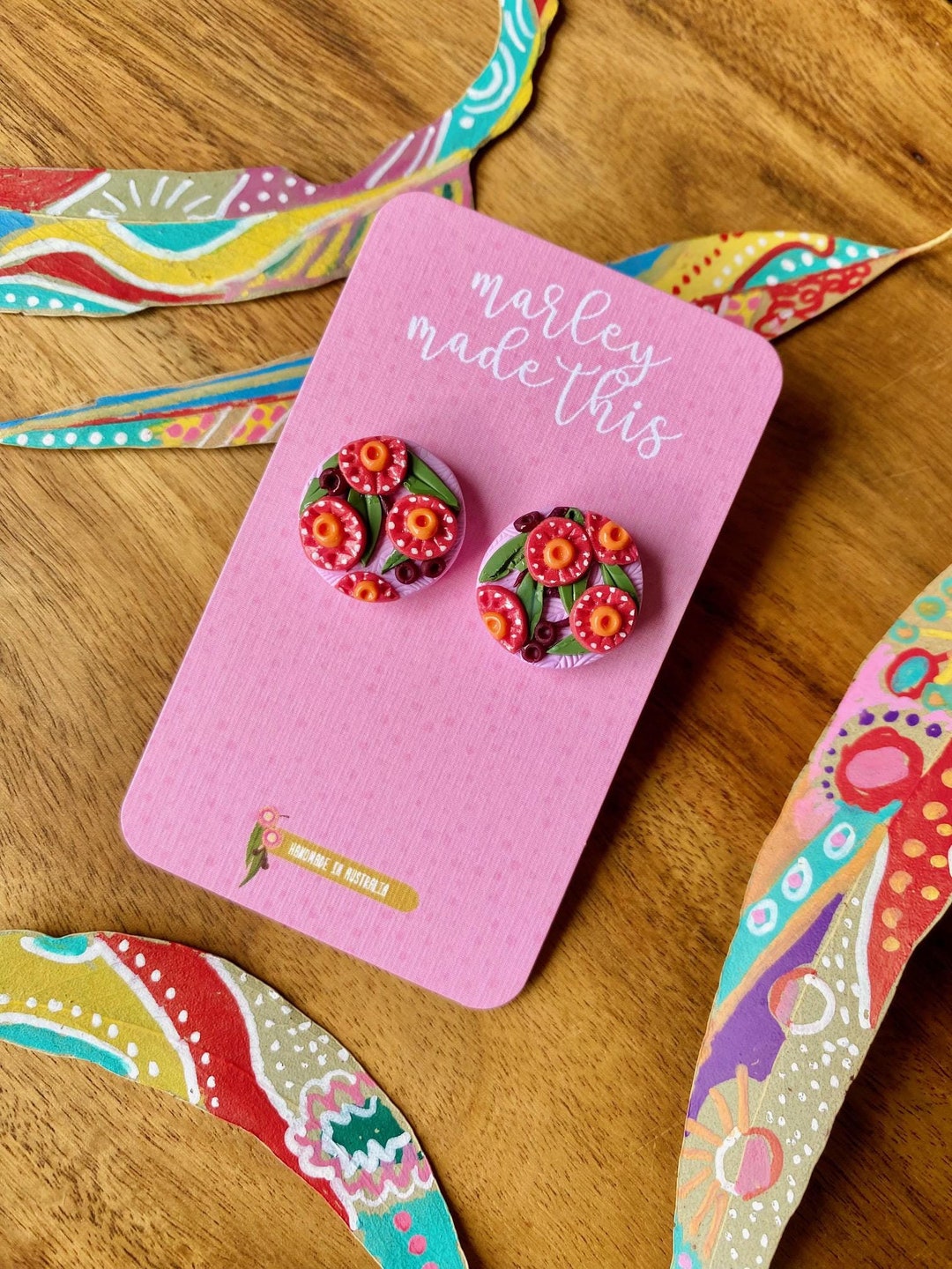 Native Australian Gum Blossoms on Pink Base - Polymer Clay Studs 2cm X ...