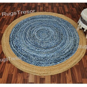 6 Feet Round Denim Jute Rug for Dining Room, Antique Braided 4X4 Feet ...