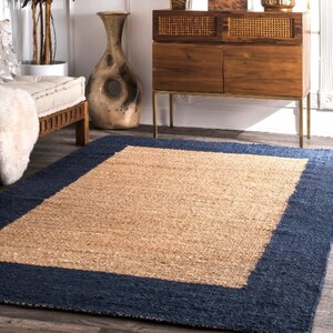 Natural Hemp Rug 5x7 for Dining Table, Natural Jute Rug, Navy Jute Rug ...