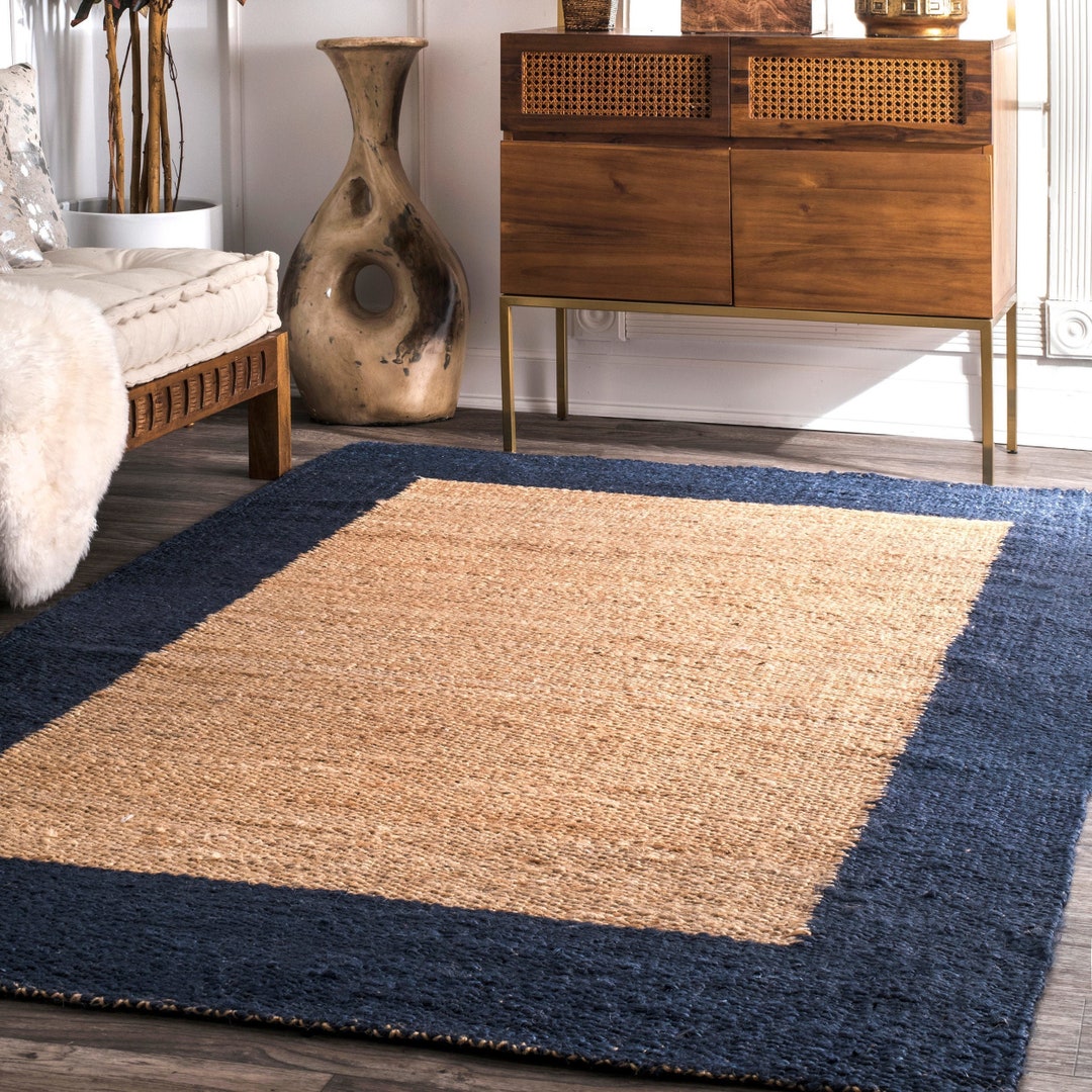 Natural Hemp Rug 5x7 for Dining Table, Natural Jute Rug, Navy Jute Rug ...