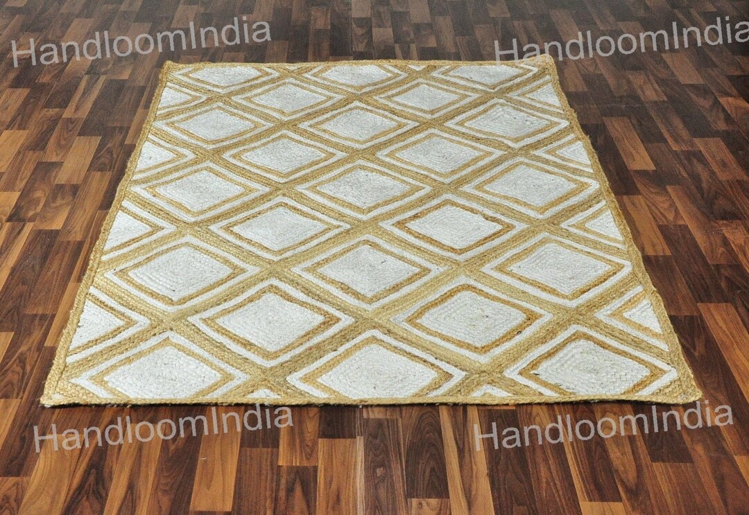Natural and White Diamond Shape Rug, Jute Area Rug for Living Room ...