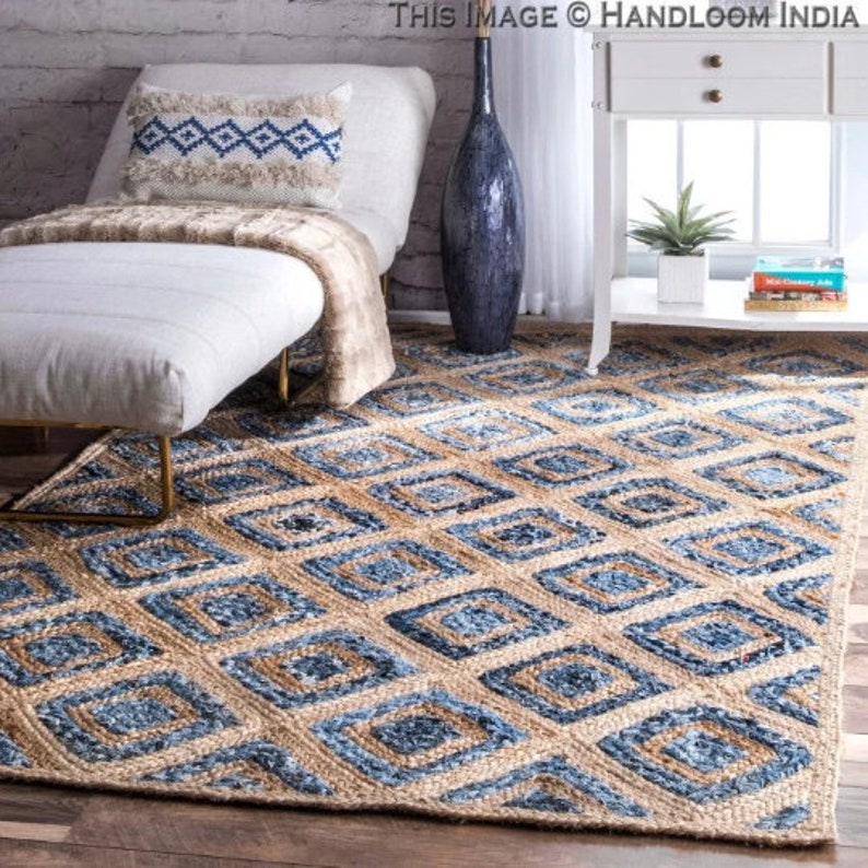Denim Jute Rug Geometric Rug Diamond Pattern Runner Soft - Etsy