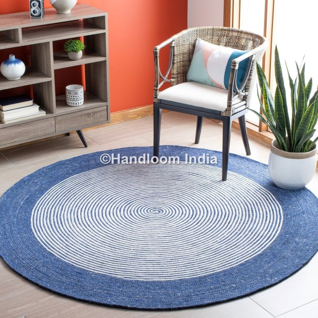 Navy Blue Braided Mandala Pattern Round Rug for Living Room 4 X 4 Ft ...