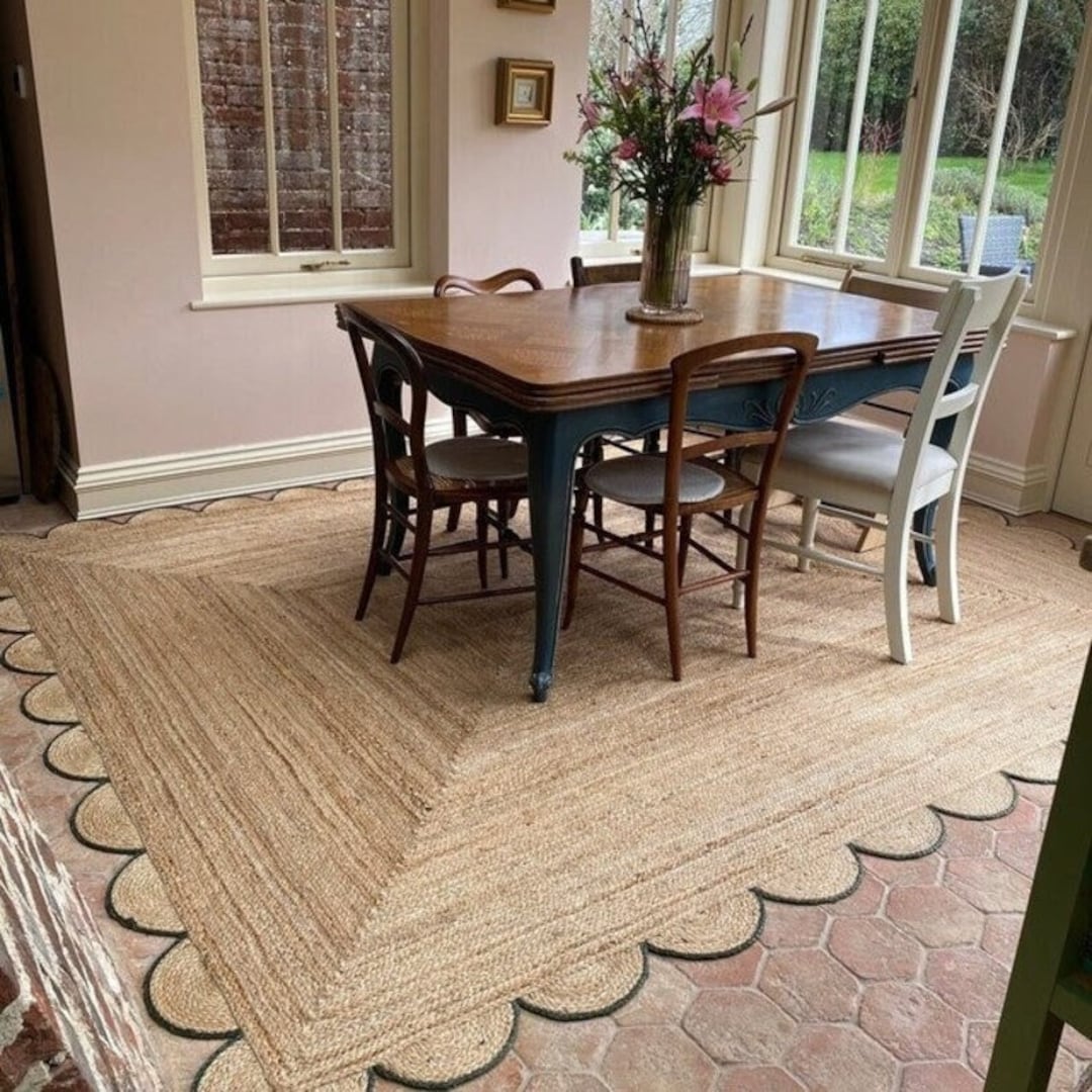 8x8 Square Scalloped Rug for Dining Table, Boho Scallop Rug, Scalloped ...