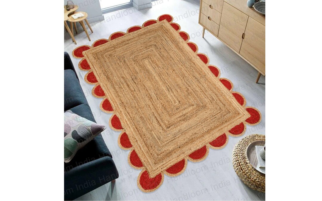Scallop Jute Rug 8x10 for Living Area, Low Pile Rug Runner, Boho Decor ...