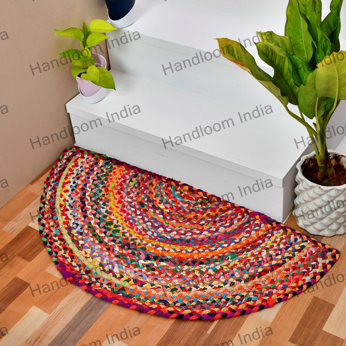 Soft Cotton Chindi Half Round Door Mats for Living Room, Multicolored ...