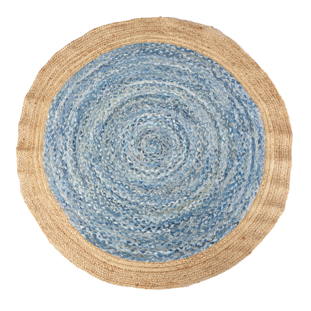 6 Feet Round Denim Jute Rug for Dining Room, Antique Braided 4 X 4 Feet ...