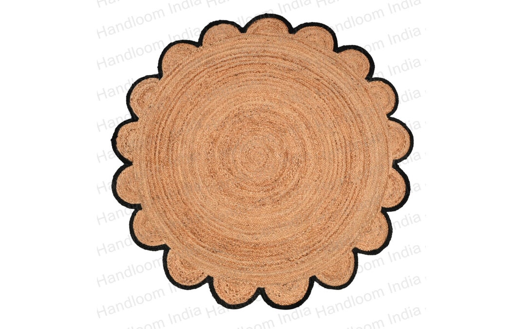 Black Round Rug, Black Jute Rug, Black Scalloped Rug, Natural Jute Rug ...