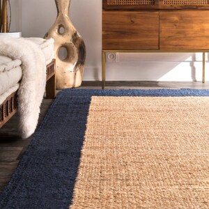 Natural Hemp Rug 5x7 for Dining Table, Natural Jute Rug, Navy Jute Rug ...