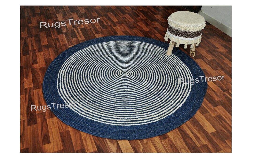 Navy Blue Braided Mandala Pattern Round Rug for Living Room 4X4 Ft ...