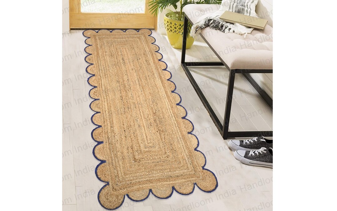 Navy Blue Trim Scalloped Pattern Entryways Runner 2.5 X 8 Ft, Handwoven ...