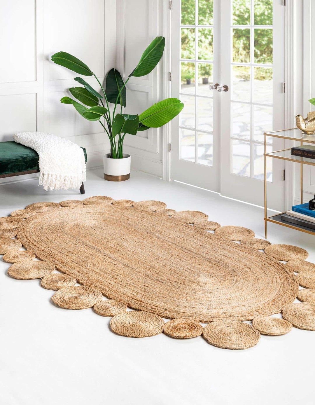 Natural Jute Scalloped Oval Rugs for Living Room Space ON SALE, Hand ...